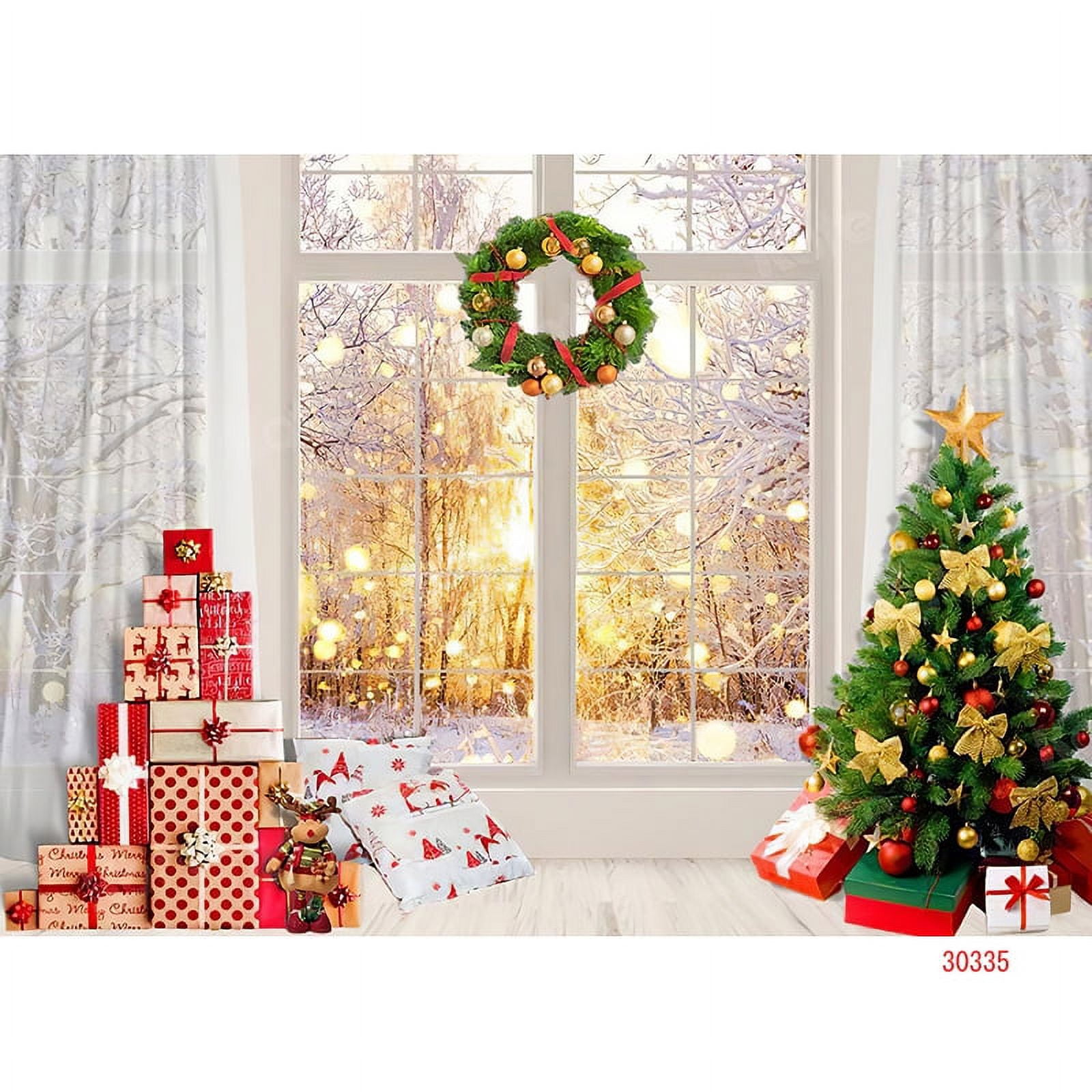 Christmas Tree Window Candy Photography Backdrop Wooden Doors Snowman ...