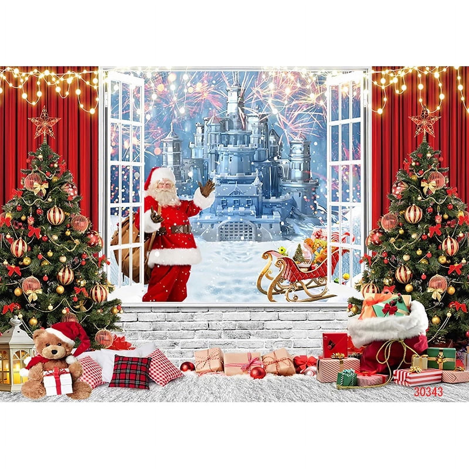 Christmas Tree Window Candy Photography Backdrop Wooden Doors Snowman Cinema Pine New Year ...