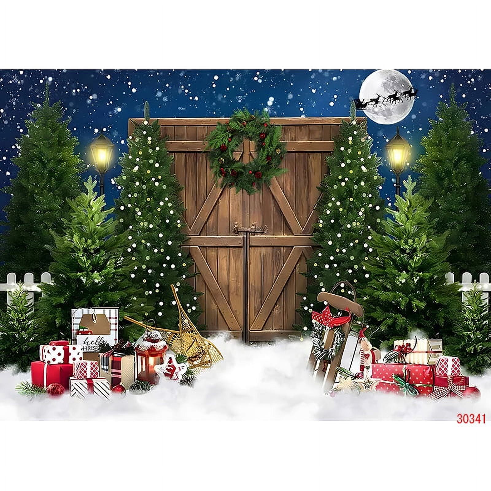 Christmas Tree Window Candy Photography Backdrop Wooden Doors Snowman Cinema Pine New Year ...