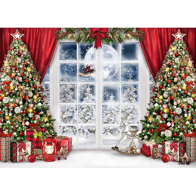 Christmas Tree Window Wreath Photography Backdrop Wooden Doors Snowman ...
