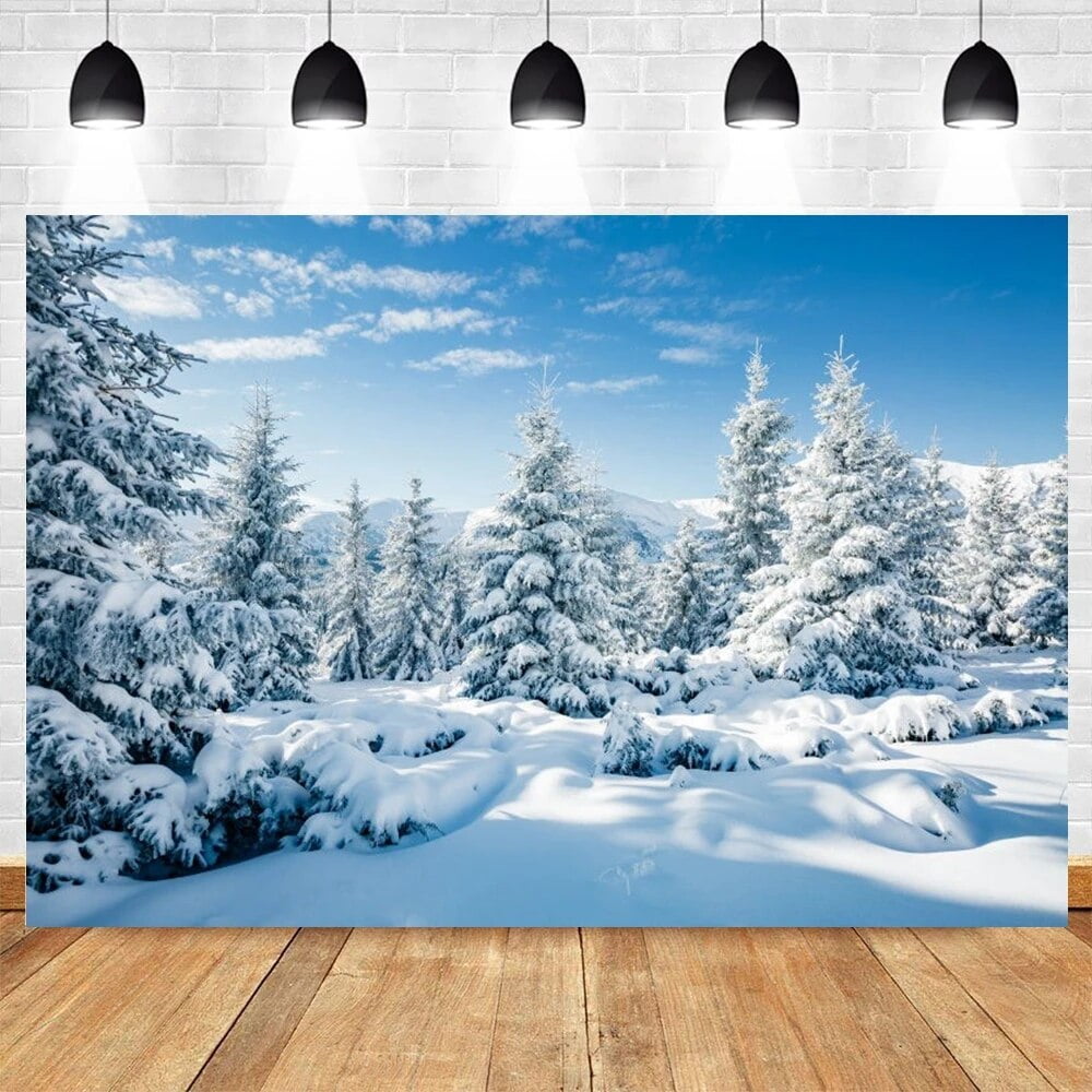Christmas Tree Winter Snow Snowflake Mountain Forest Backdrop Vinyl ...