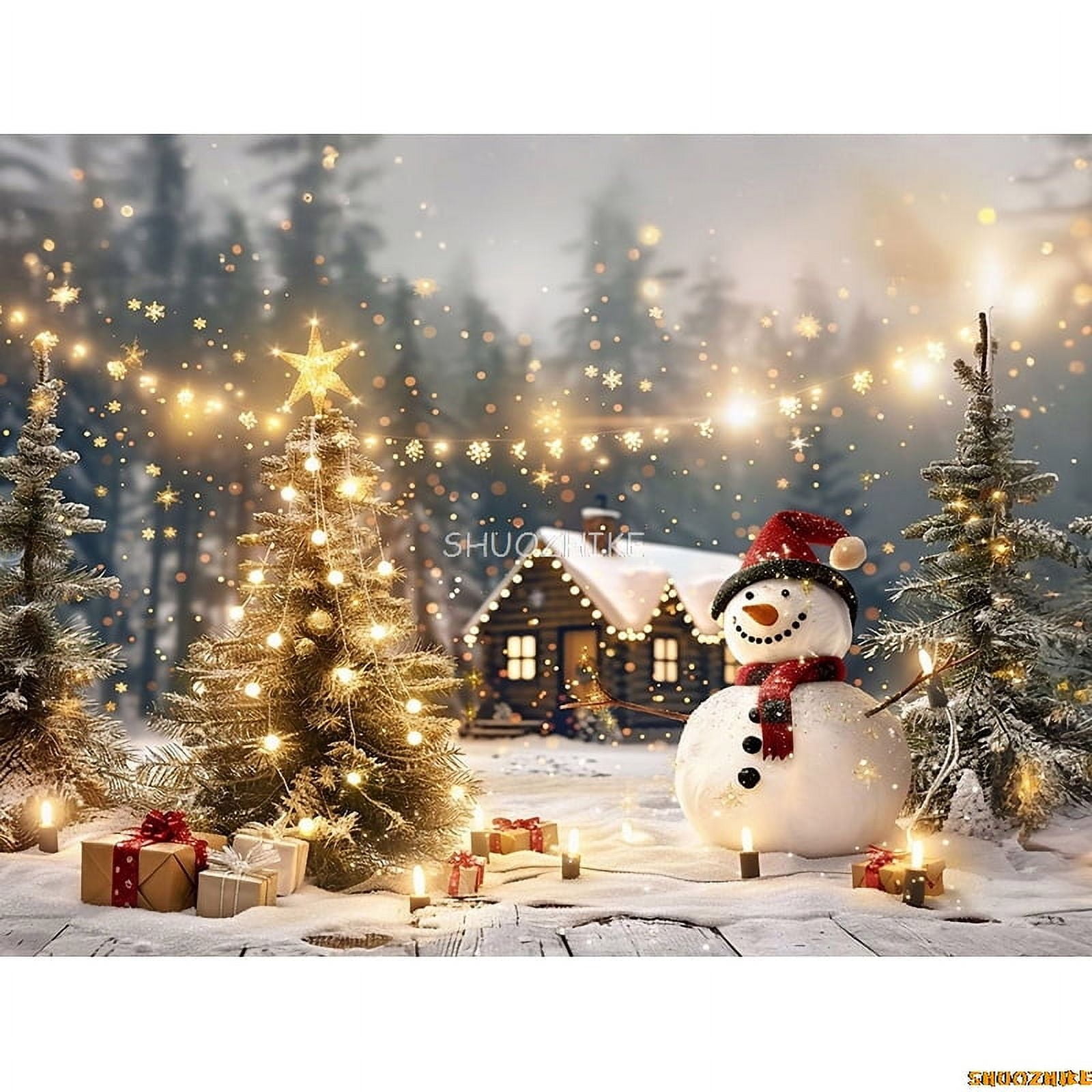 Christmas Tree With Gift Boxes Photography Backdrops Winter Snow rations Wood Door Fireplace ...
