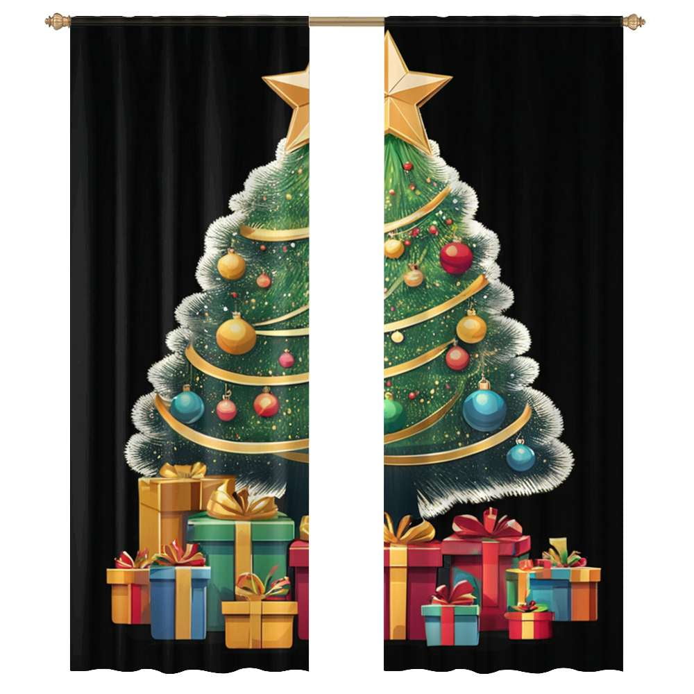 Christmas Tree With Gifts Sheer Window Curtains for Living Room Kitchen ...