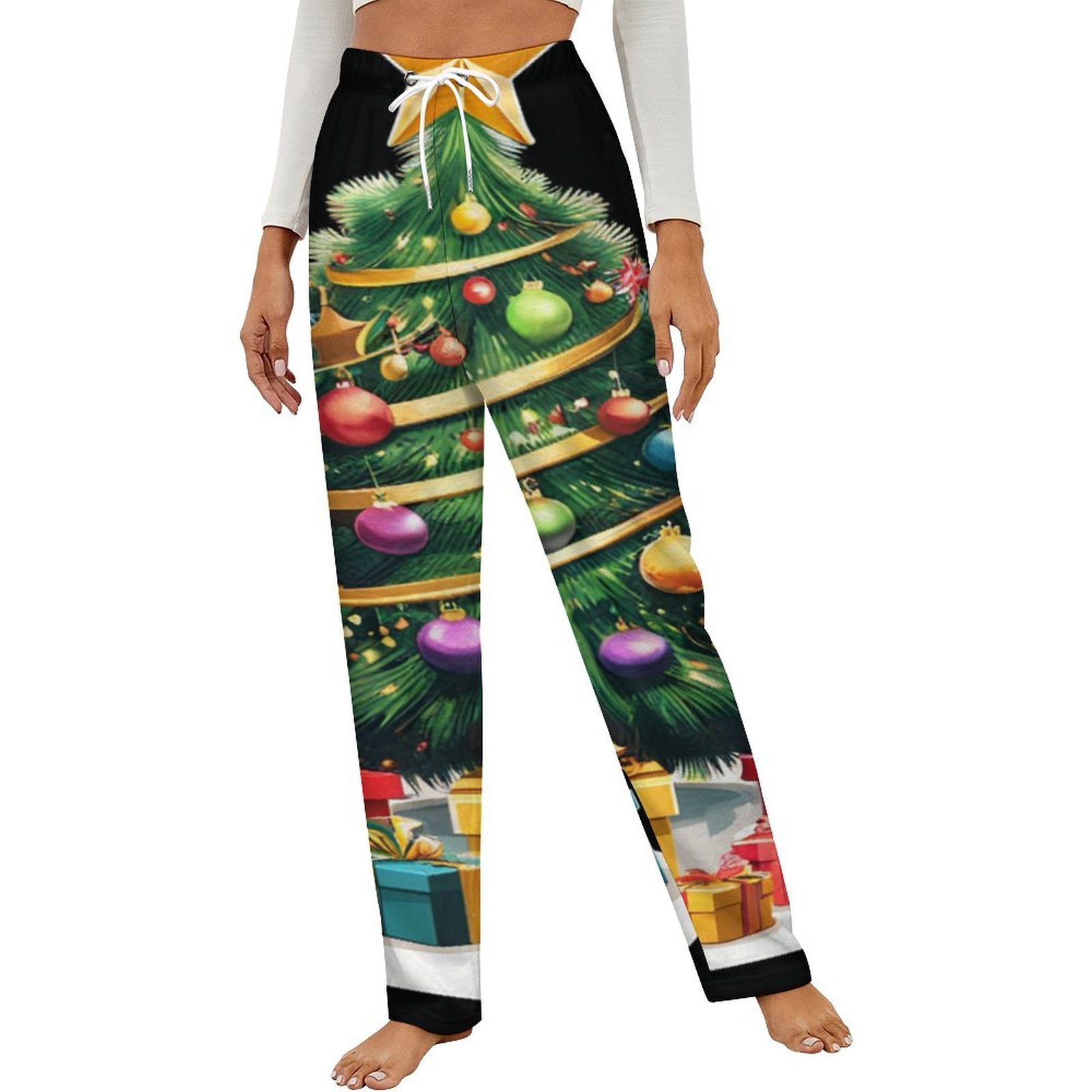 Christmas Tree With Gifts Winter Female Pants Flannel High Waist Women ...