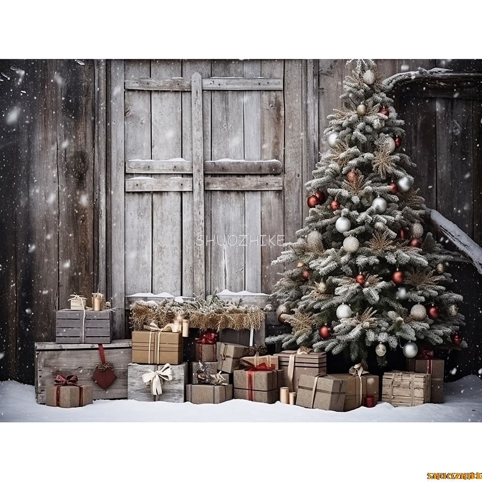 Christmas Tree With Wood Floor Photography Backdrops Pinecs Snow ...