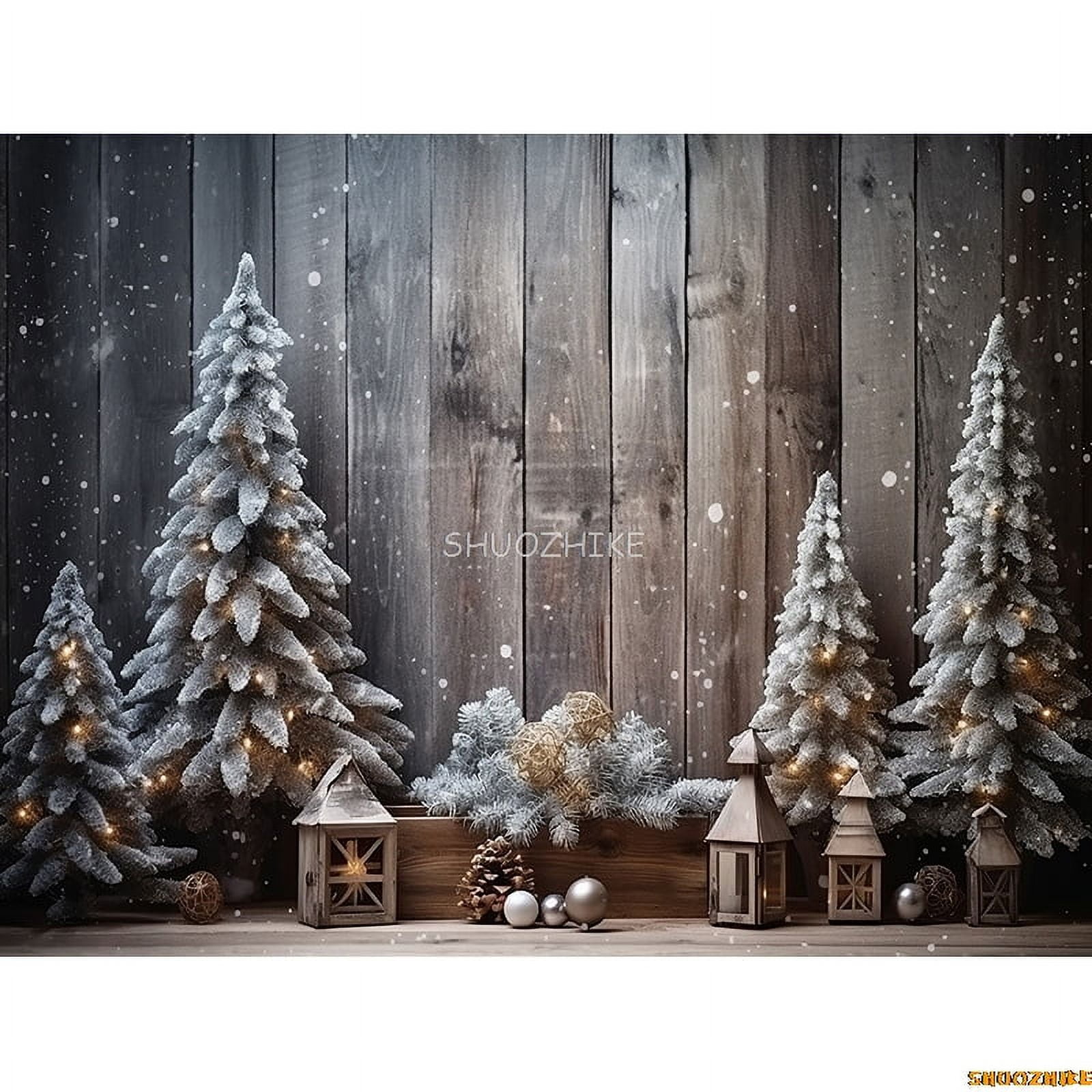 Christmas Tree With Wood Floor Photography Backdrops Pinecs Snow ...