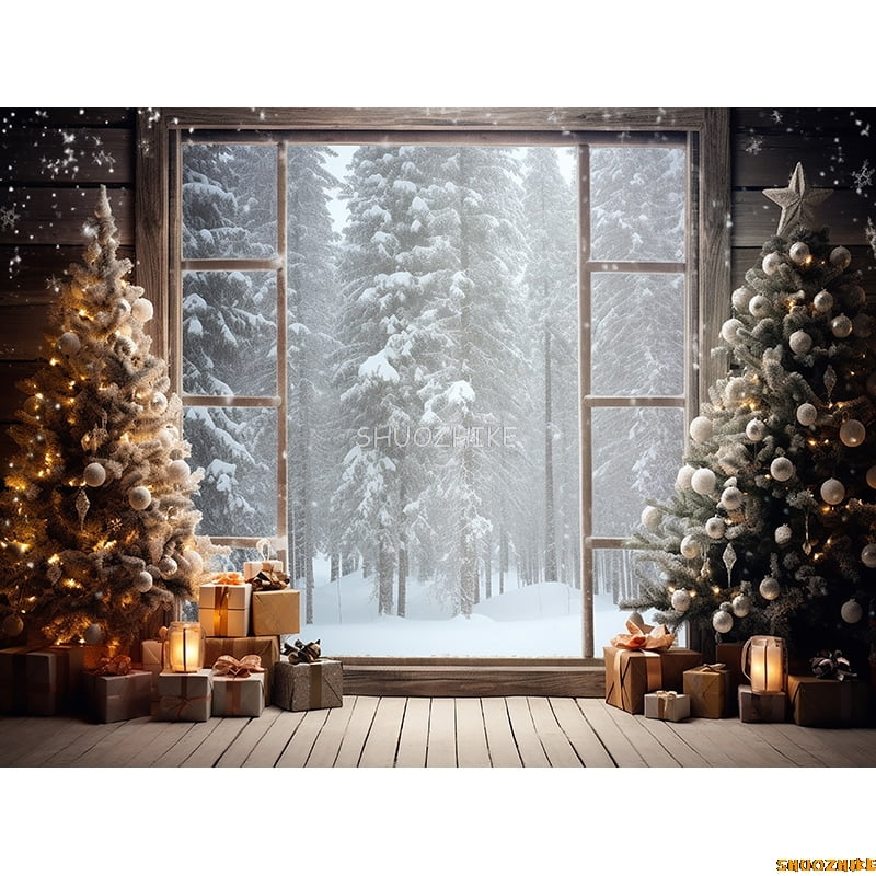 Christmas Tree With Wood Floor Photography Backdrops Pinecs Snow ...