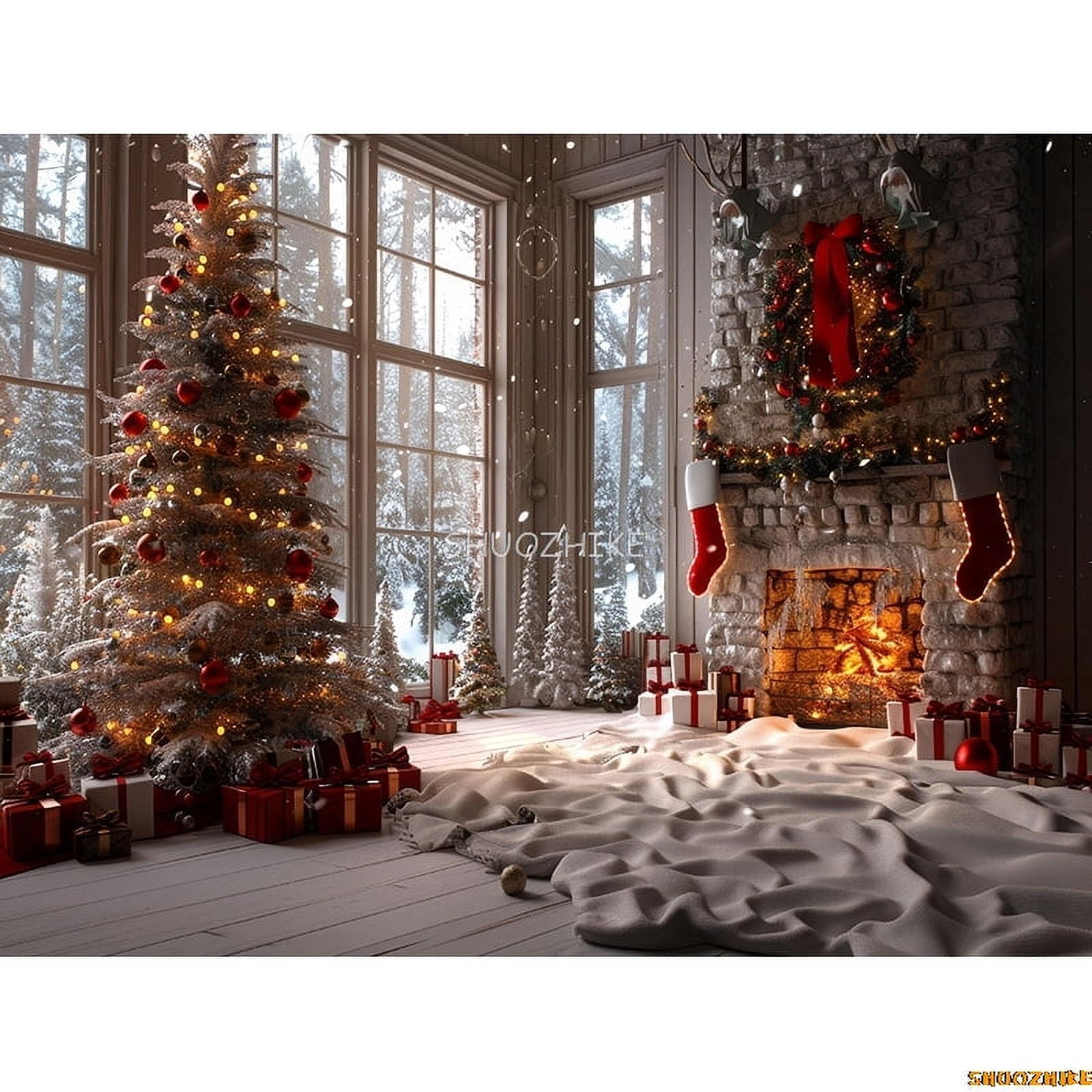 Christmas Tree With Wood Floor Photography Backdrops Pinecs Snow ...