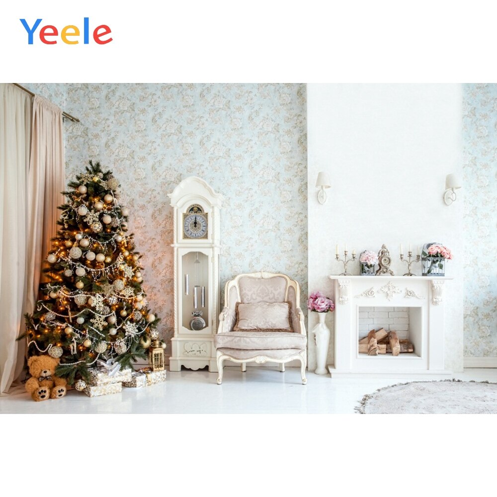 Christmas Tree Wooden Floor Fireplace Chair Gift Birthday Backdrop ...