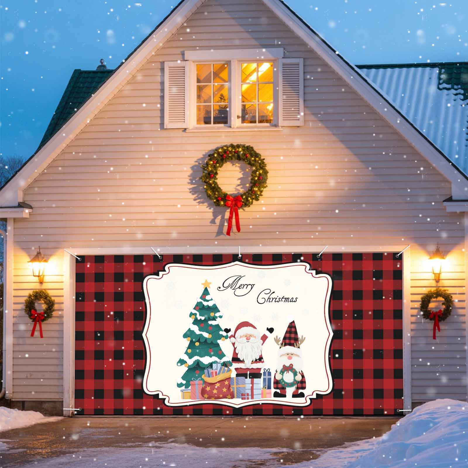 Christmas Tree Wreath Gnome Christmas Garage Door Decorations, 6x13ft ...