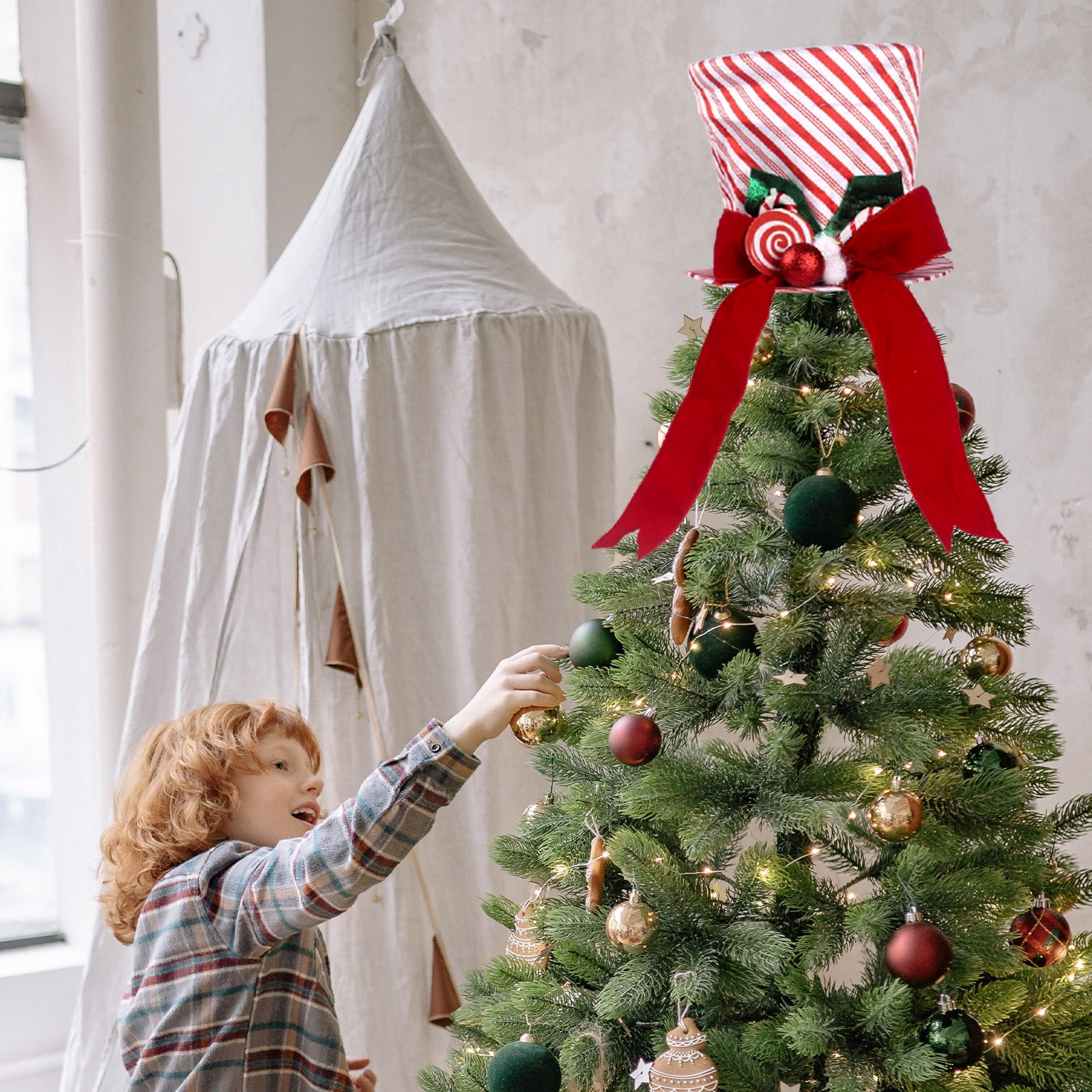 Christmas Tree topper Hat, Large Red Hat with Striped Bow Ribbon ...