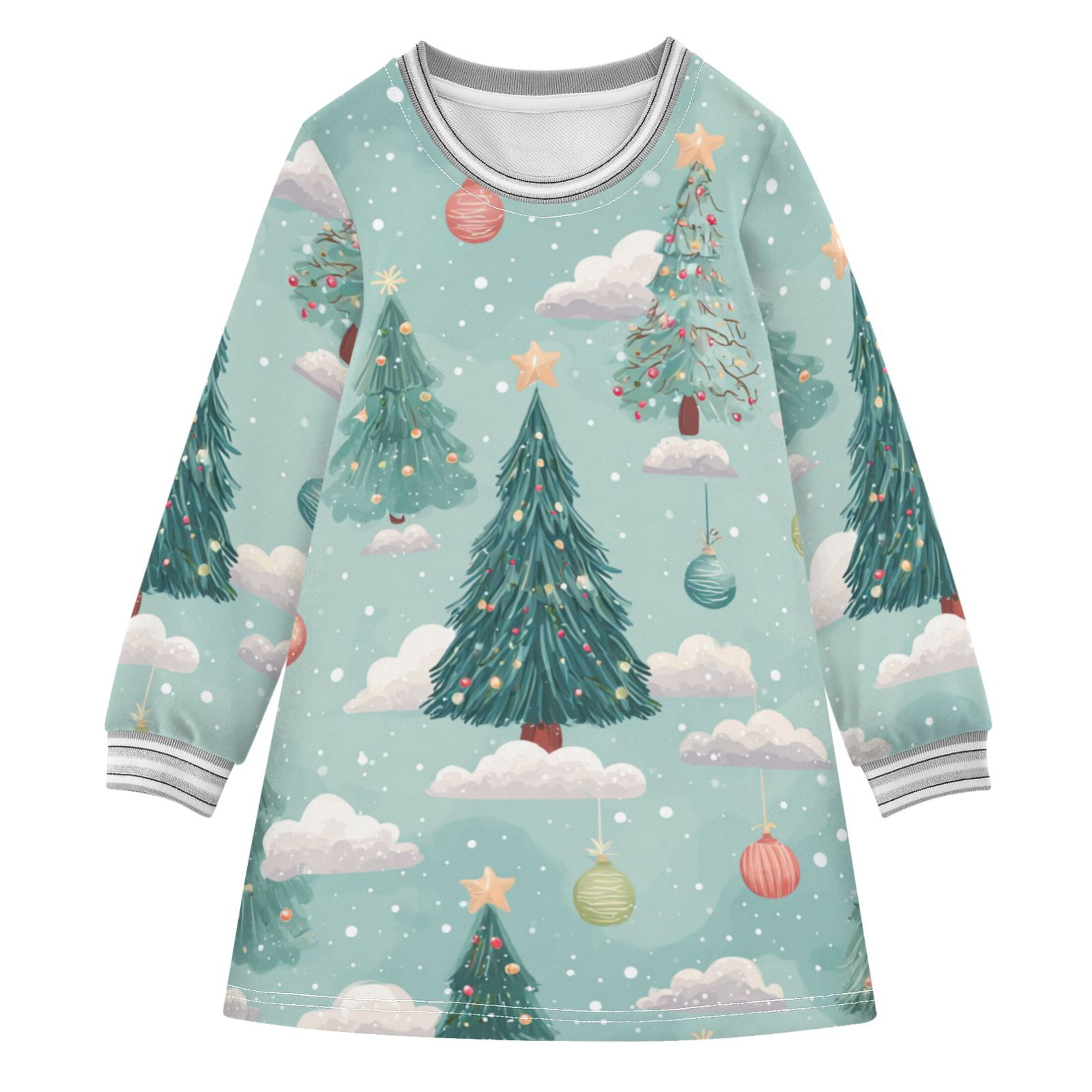 Christmas Tree with Clouds Colorful Lights Long-sleeved Dress A-line ...