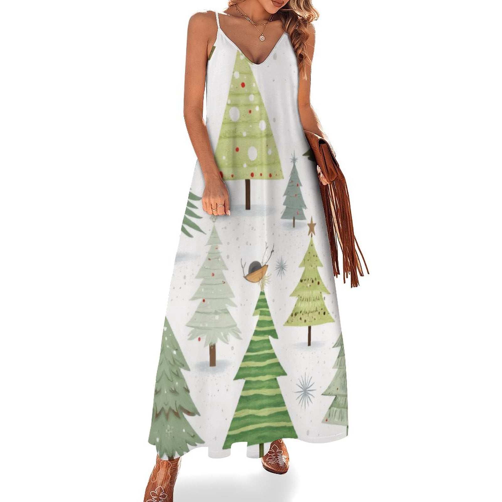 Christmas Trees And Deer in Snow Sleeveless Dress Woman Fashion Long ...