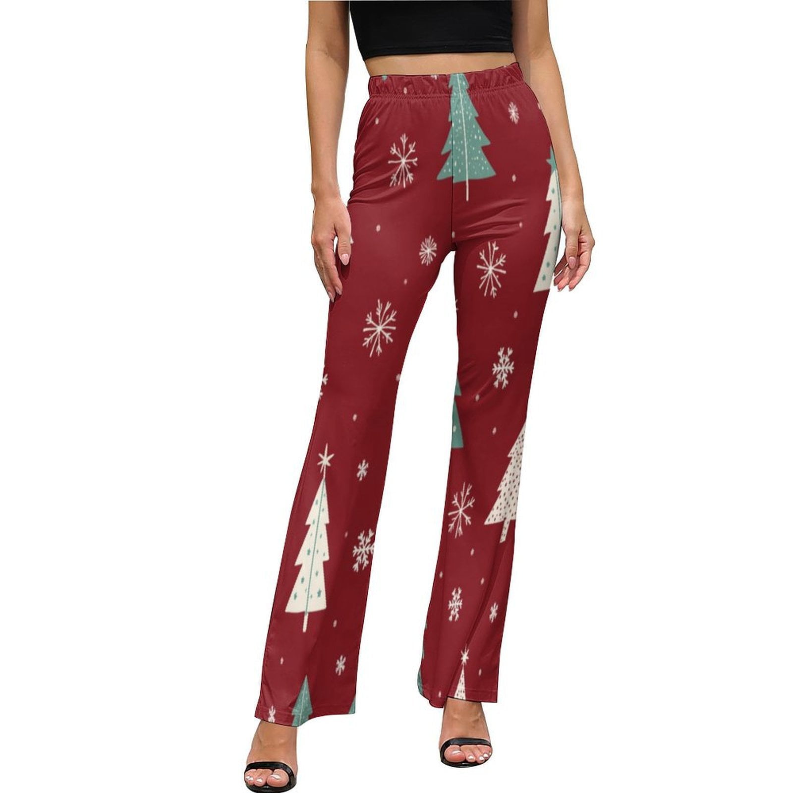 Christmas Trees And Snowflakes Pattern High Waisted Casual Flared ...