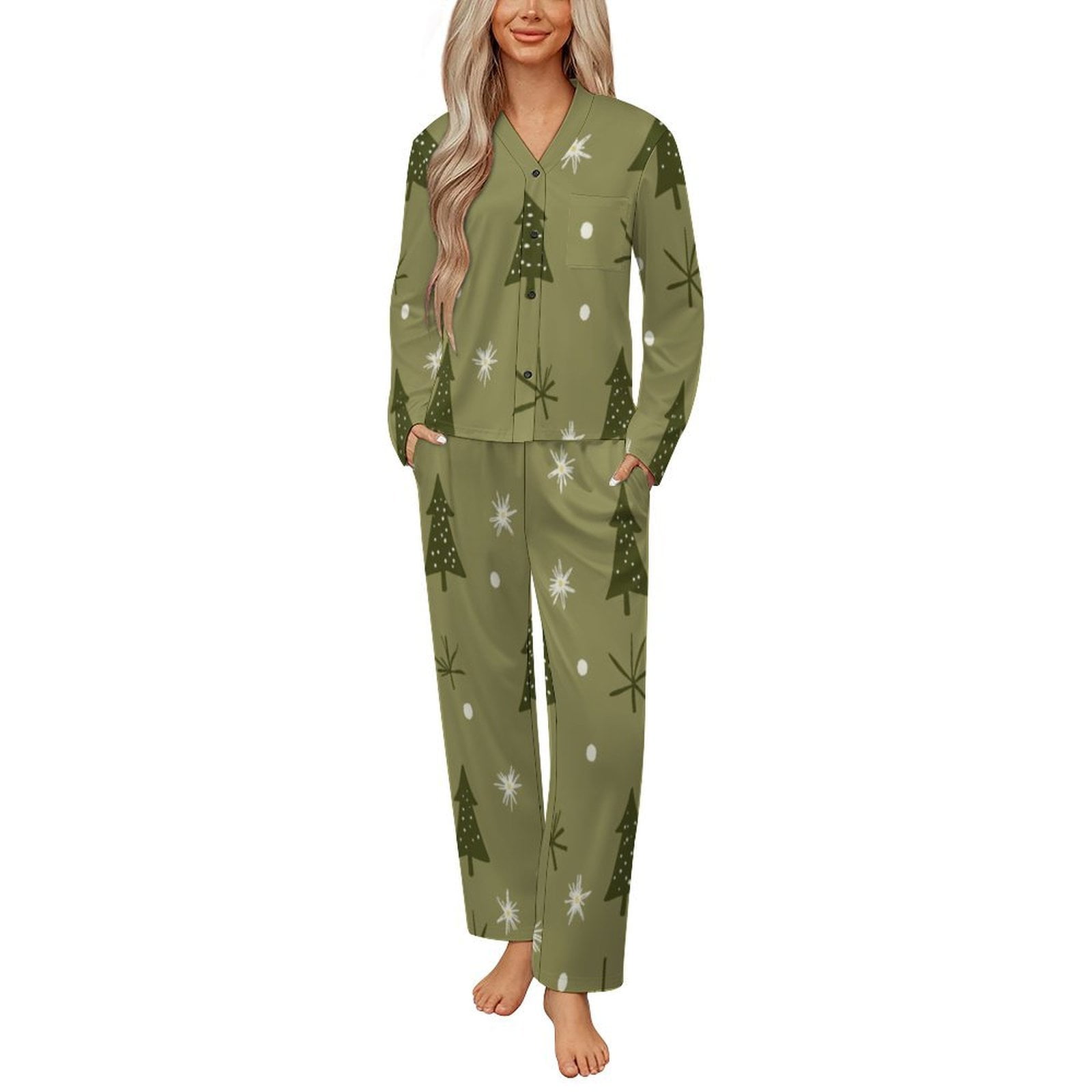Christmas Trees And Snowflakes Pattern Womens Pyjamas Set Button Up ...
