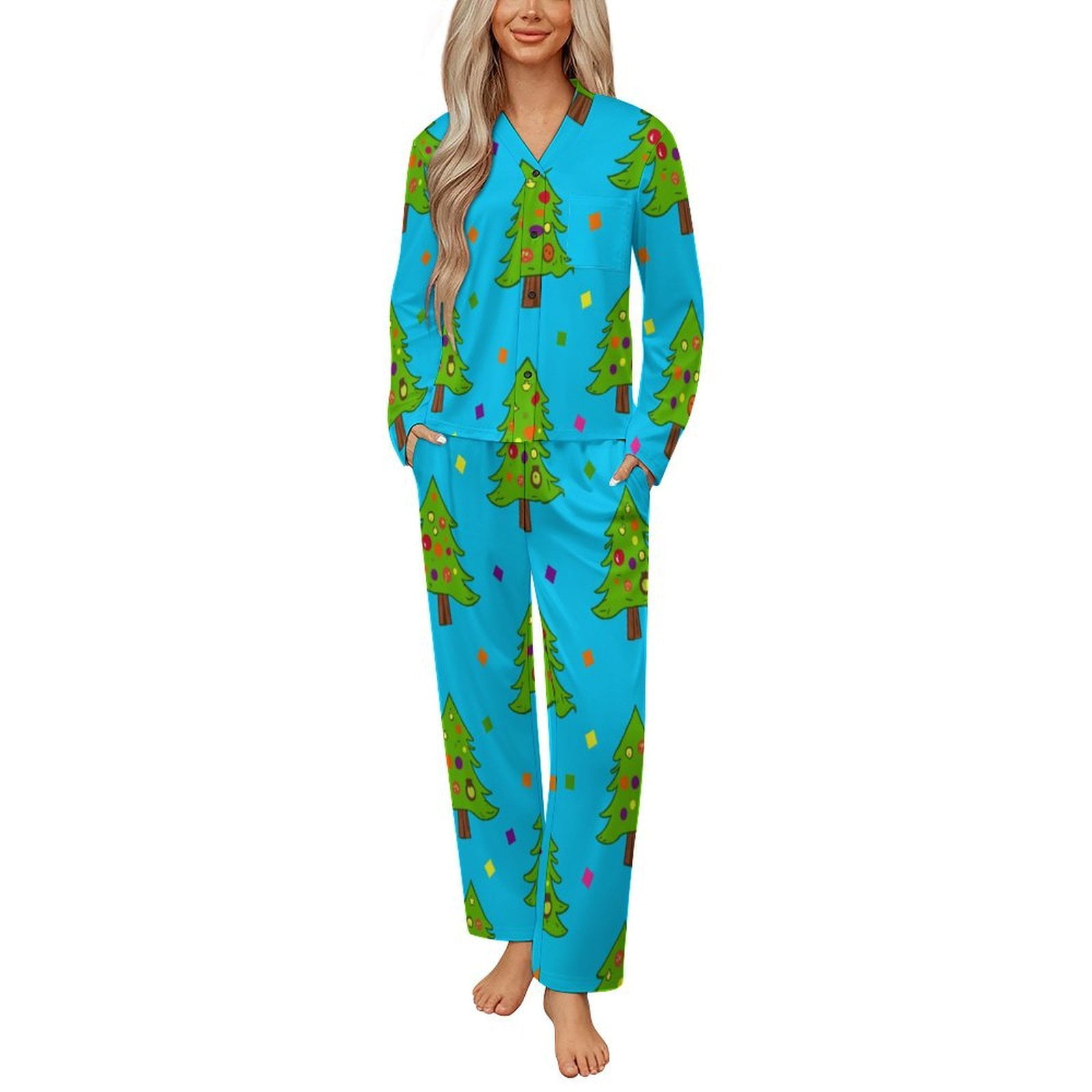 Christmas Trees Colorful Festive Pattern Womens Pyjamas Set Button Up ...