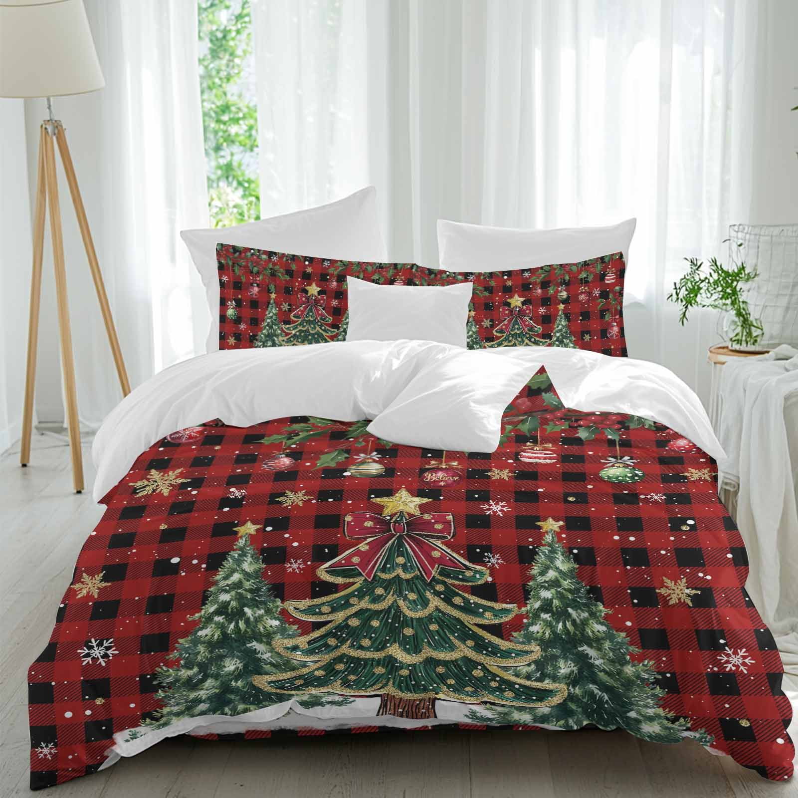 Christmas Trees Comforter Set Full Size, Xmas Trees Balls Berry Winter ...