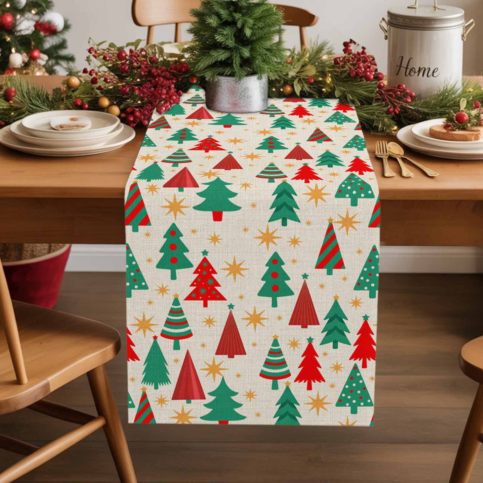 Christmas Trees Cotton Linen Table Runner 13 x 72 inch Beige Xmas Tree ...