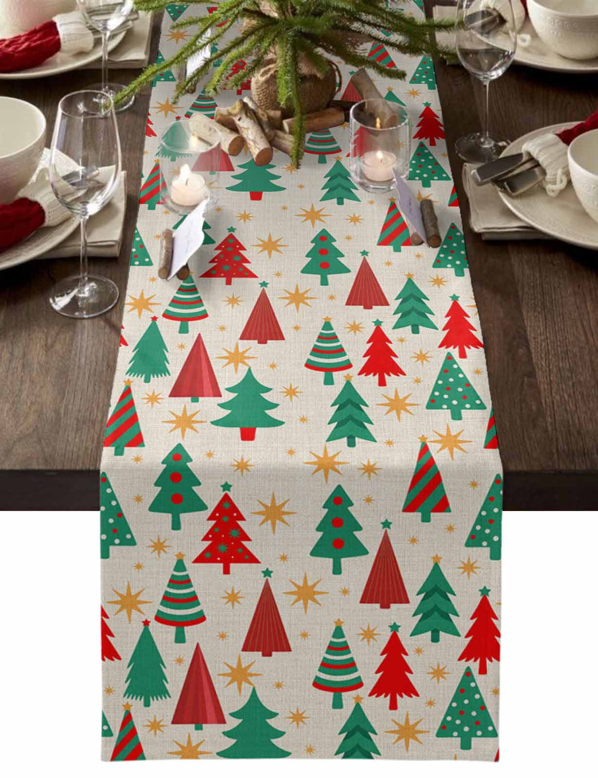 Christmas Trees Cotton Linen Table Runner for Dining Kitchen, Beige ...
