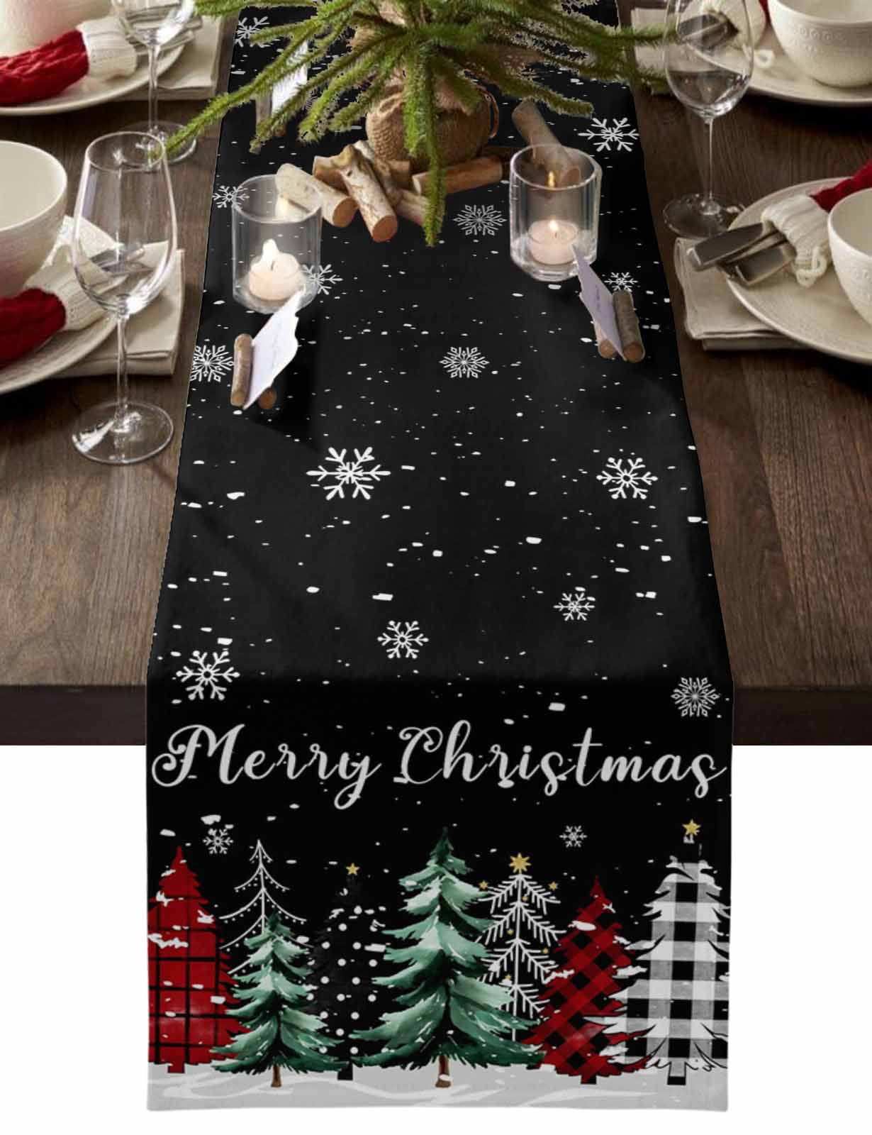 Christmas Trees Cotton Linen Table Runner for Dining Kitchen, Black ...