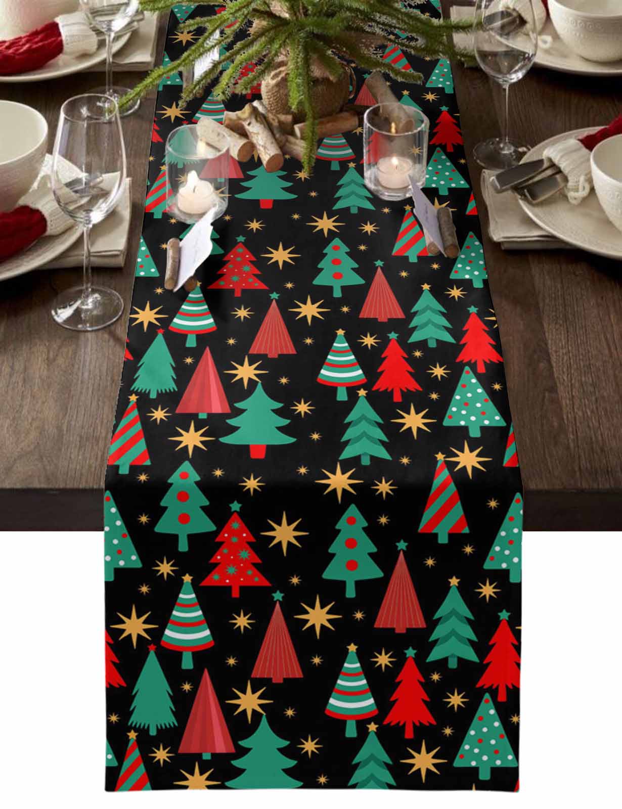 Christmas Trees Cotton Linen Table Runner for Dining Kitchen, Black ...