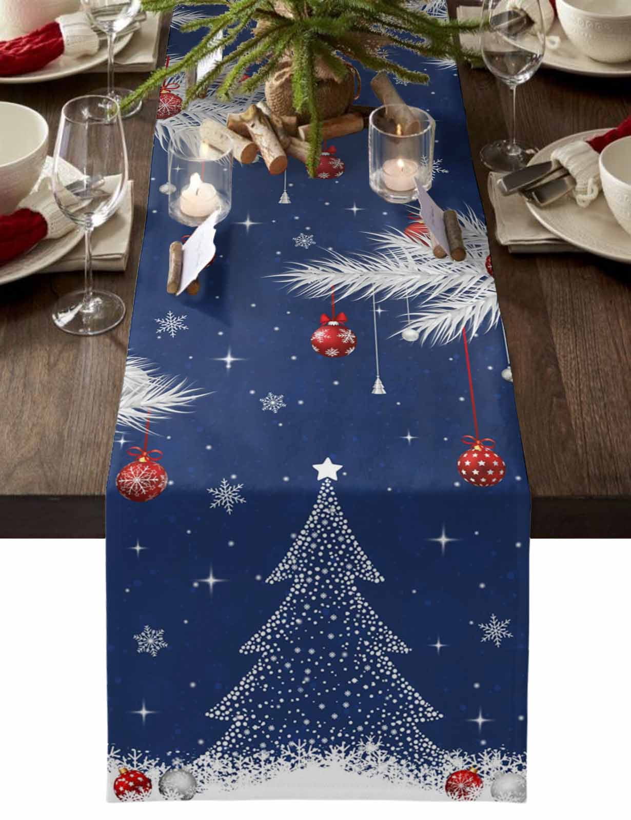 Christmas Trees Cotton Linen Table Runner for Dining Kitchen, Navy Blue ...