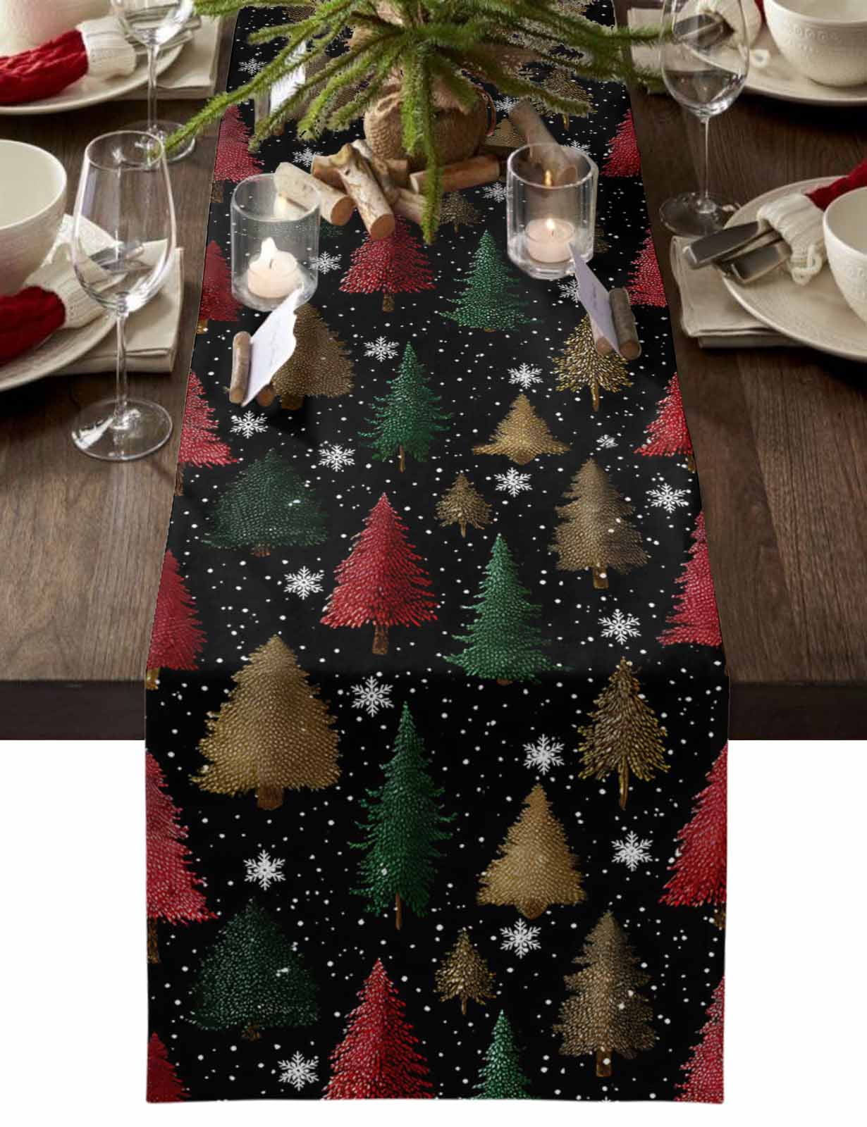 Christmas Trees Cotton Linen Table Runner for Dining Kitchen, Red Green ...