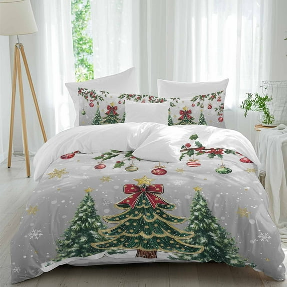 Christmas Trees Duvet Cover Set Queen Size, Xmas Trees Balls Berry ...