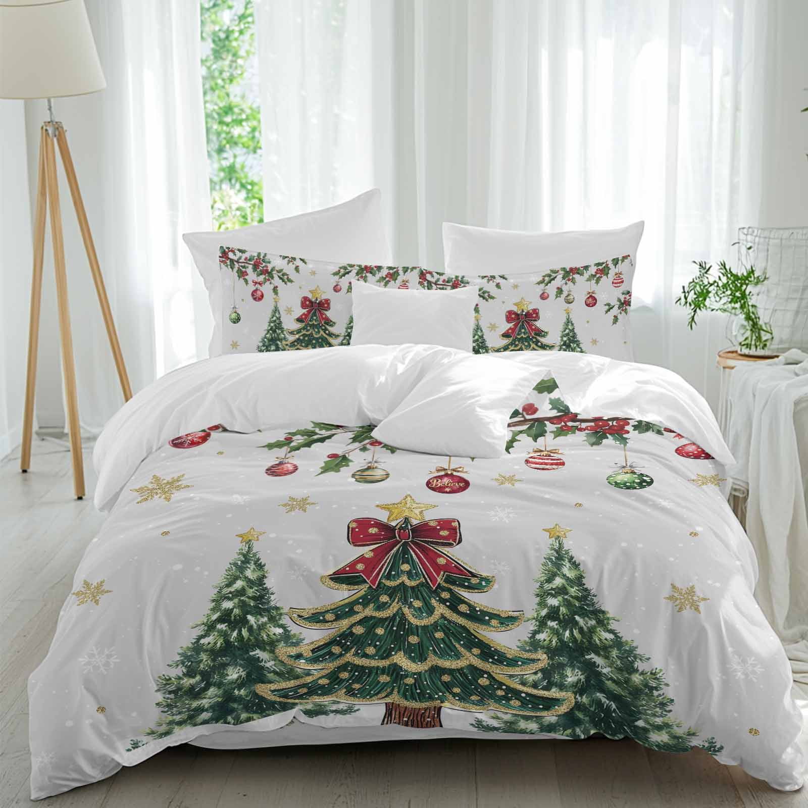 Christmas Trees Duvet Cover Set Queen Size, Xmas Trees Balls Berry ...