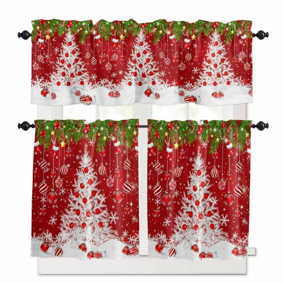 Christmas Trees Kitchen Curtains Valances and Tiers Set of 3 Xmas Ball ...