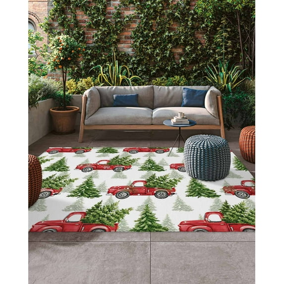 Christmas Trees Outdoor Rug, Xmas Green Pine Tree on Red Truck Winter ...