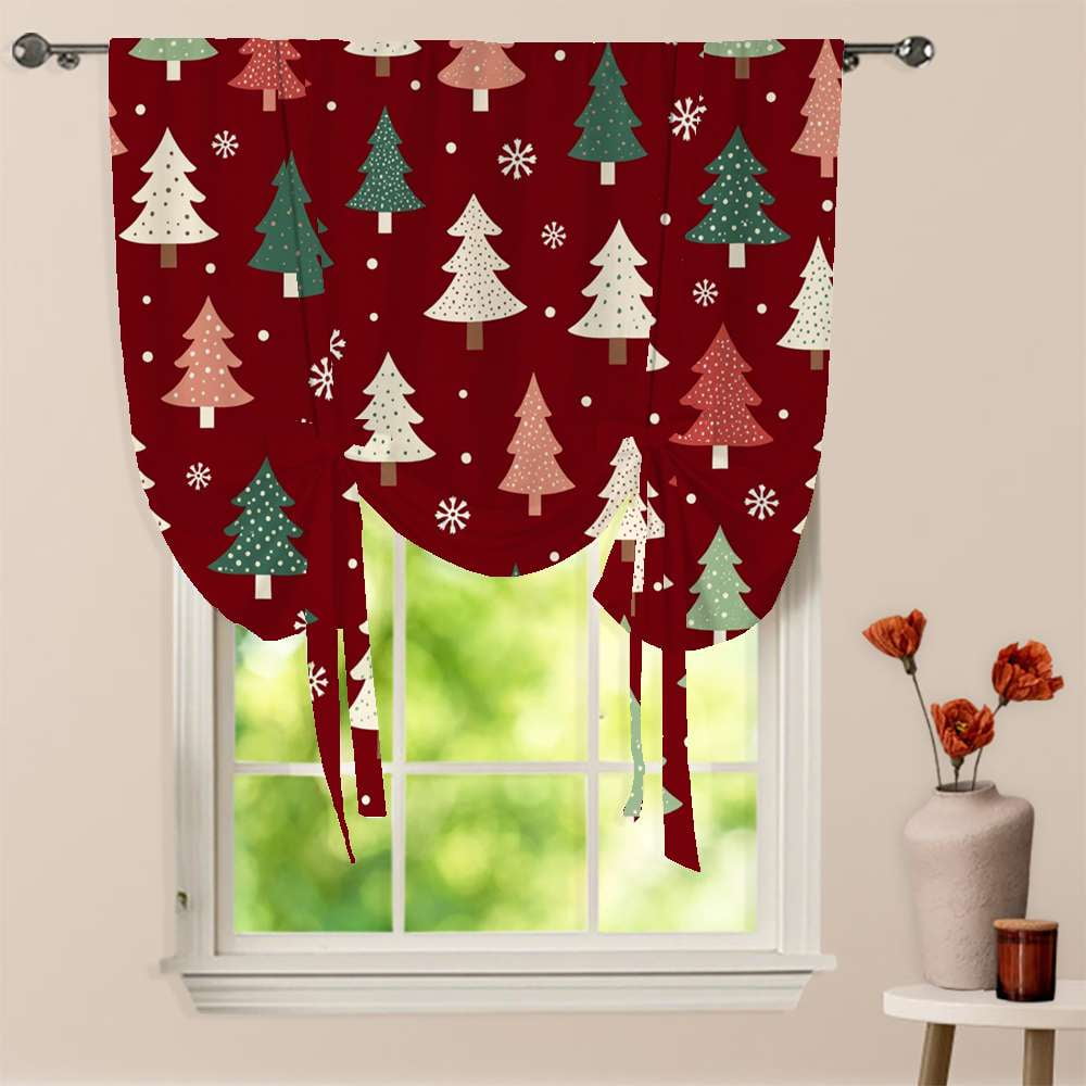 Christmas Trees Pattern On Red Window Curtain for Living Room Roman ...
