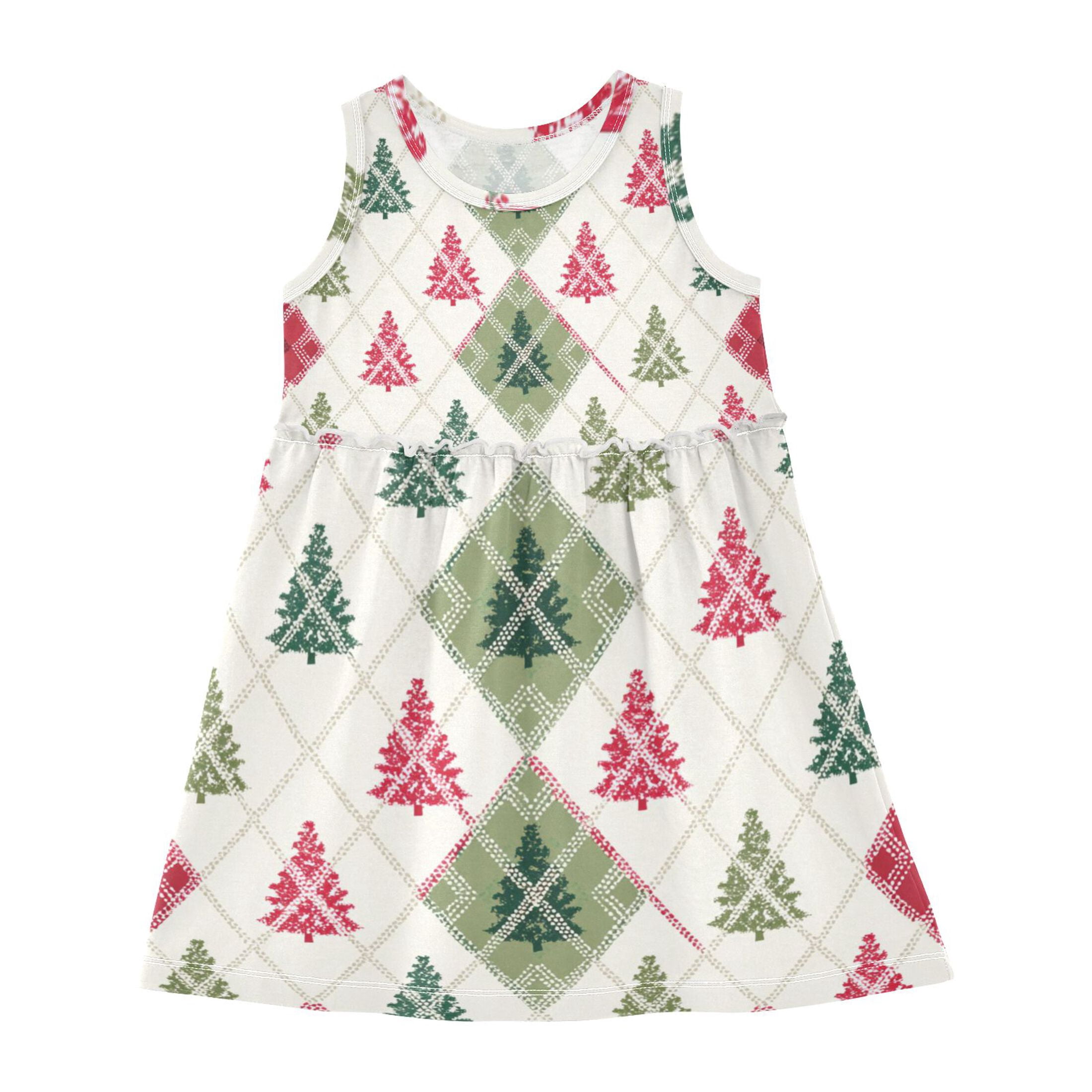 Christmas Trees Plaids in Red Beige Green Sleeveless Dress A-Line One ...