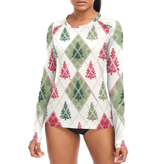 Christmas Trees Plaids in Red Beige Green Women's Rash Guard Shirts UPF ...