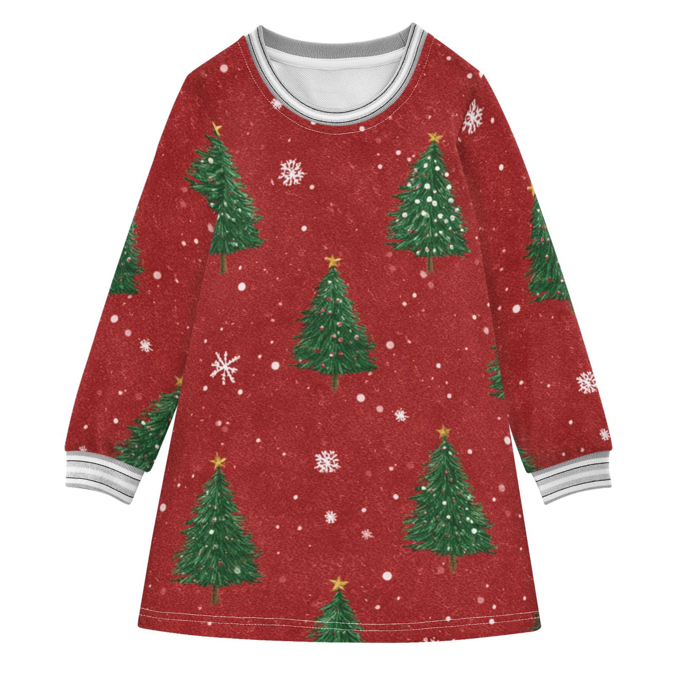 Christmas Trees Red Background Long-sleeved Dress A-line One-Piece ...