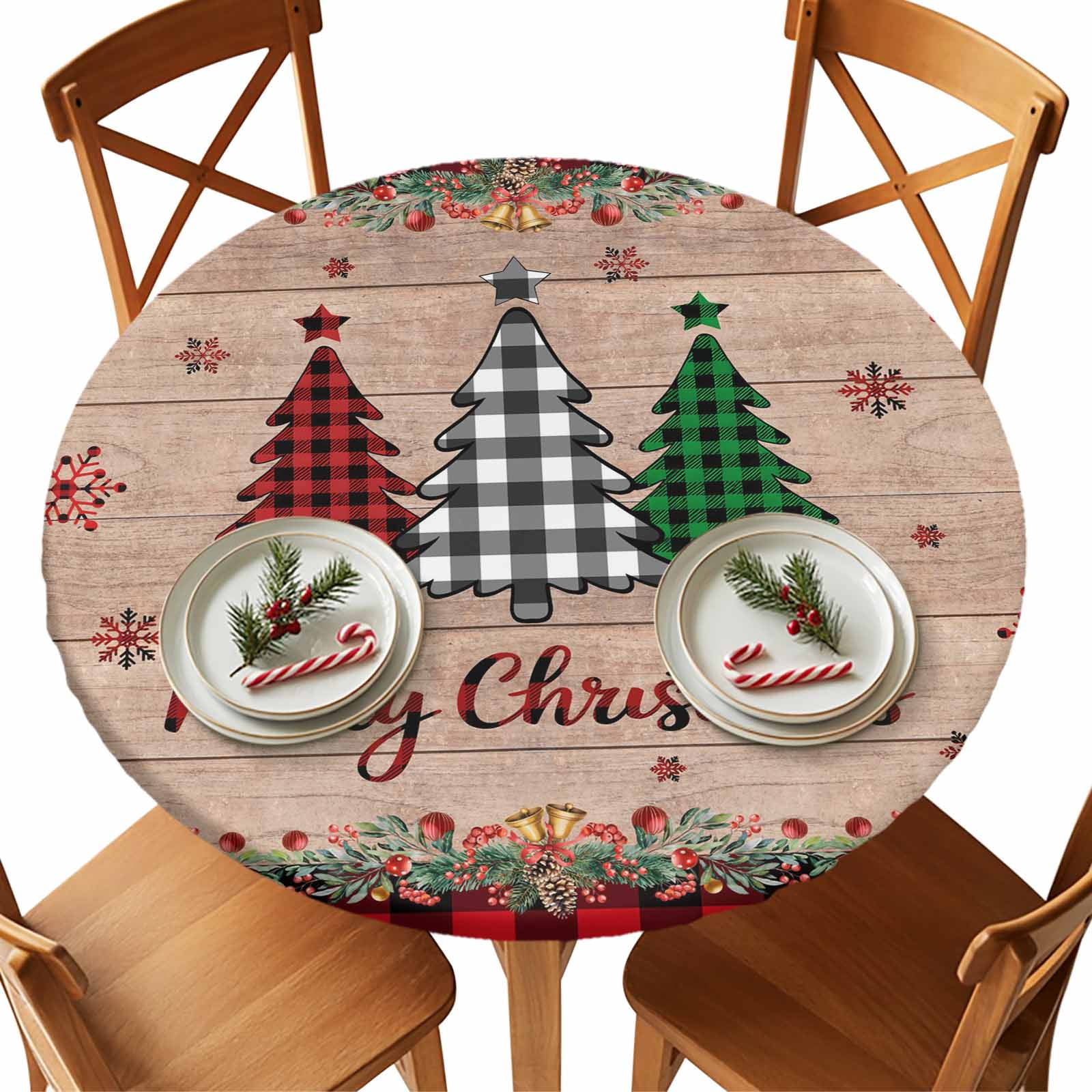 Christmas Trees Retro Wood Grain Fitted Round Tablecloths Table Covers ...