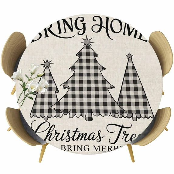 Christmas Trees Round Tablecloth, Fitted Table Cover with Elastic for ...