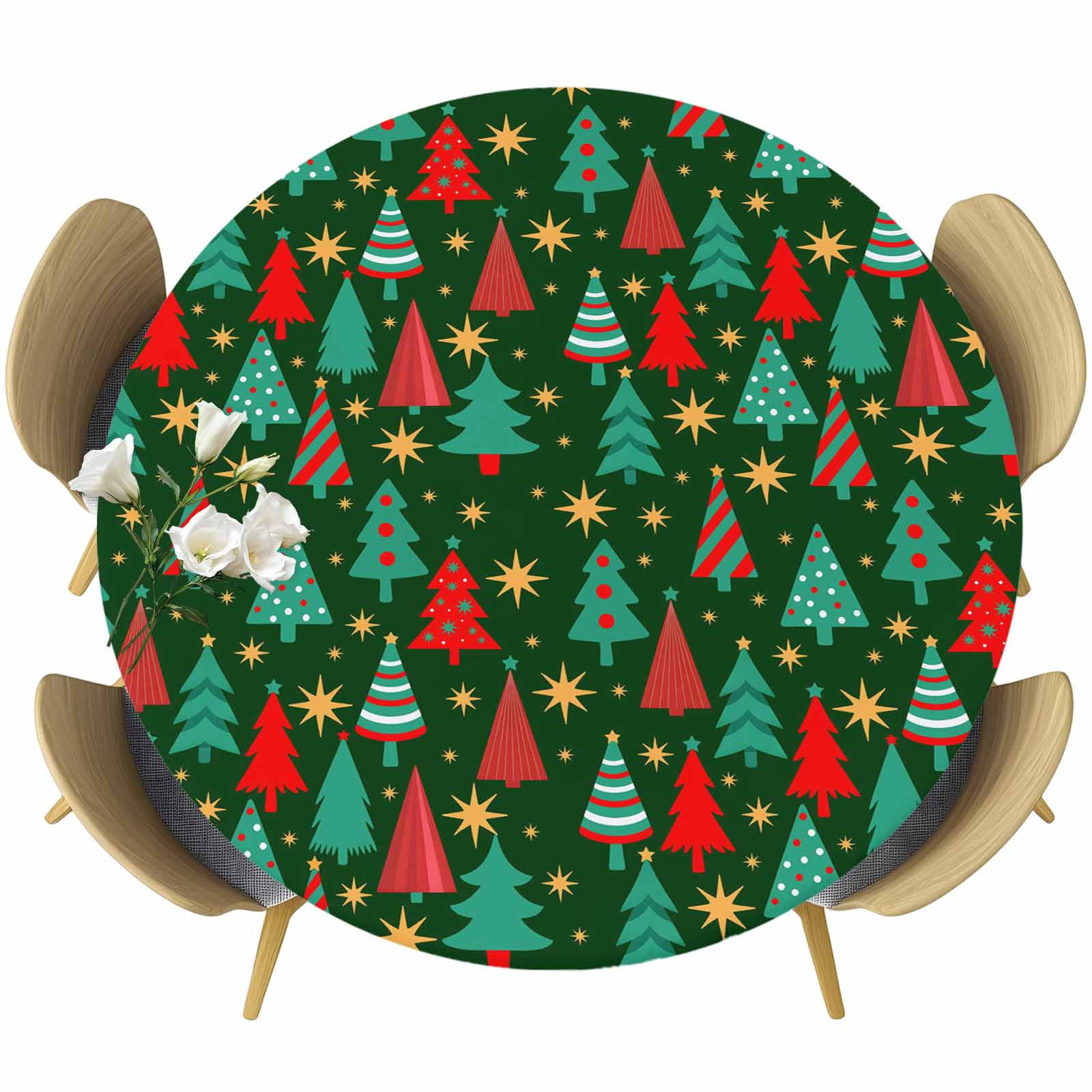 Christmas Trees Round Tablecloth, Fitted Table Cover with Elastic for ...