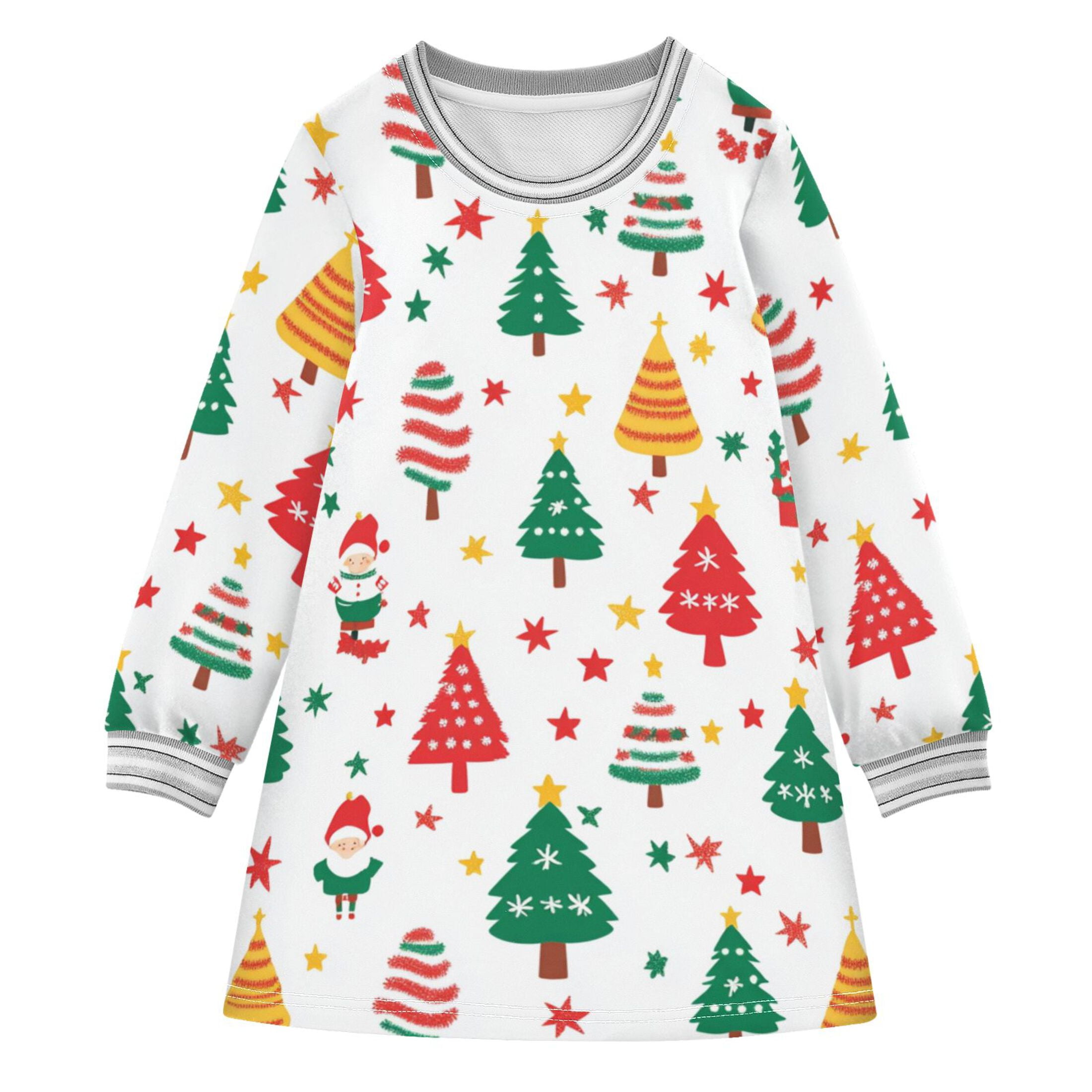 Christmas Trees Santa Colorful Stars Long-sleeved Dress A-line Dress ...