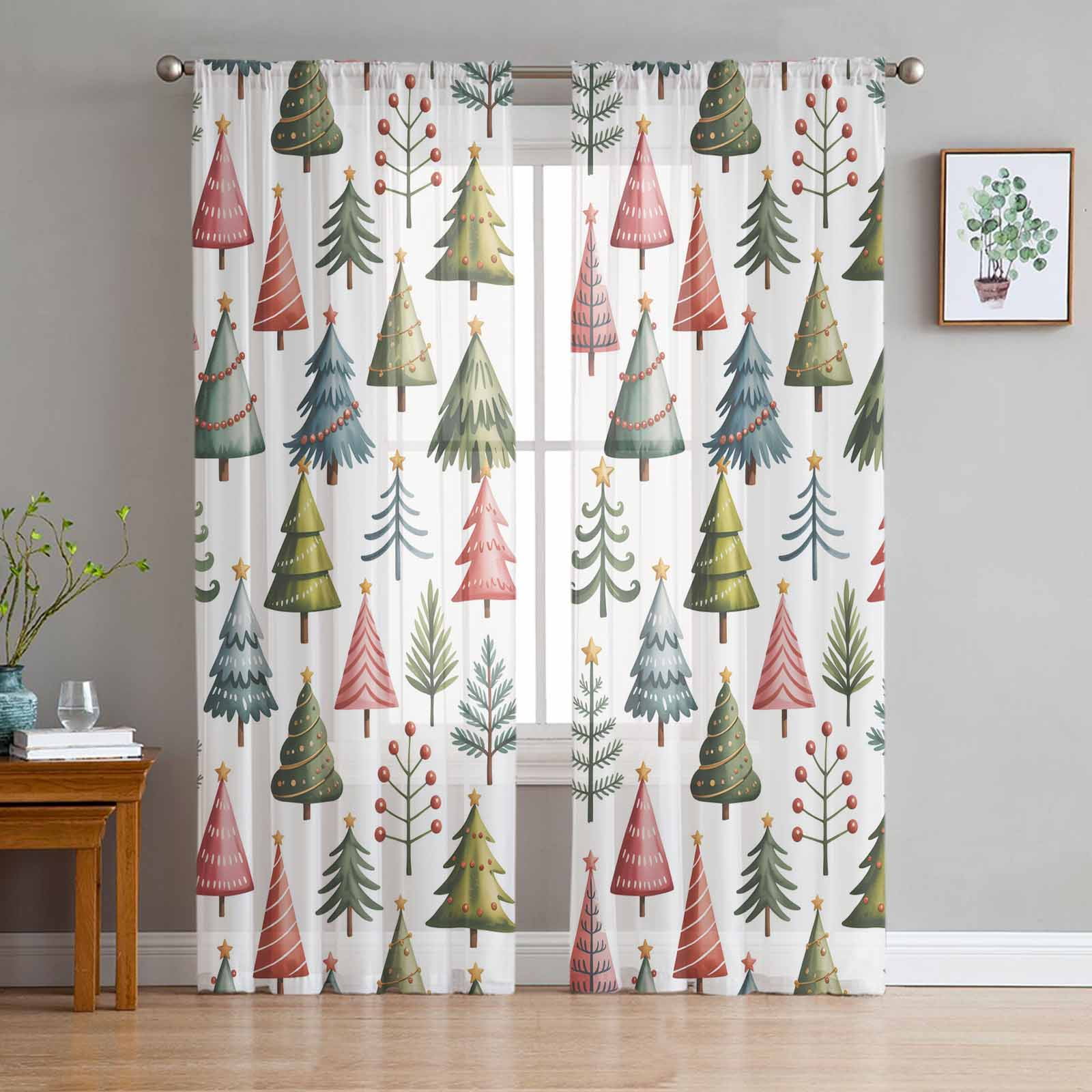 Christmas Trees Semi Sheer Curtains 72 Inch Length 2 Panels Set, Winter ...