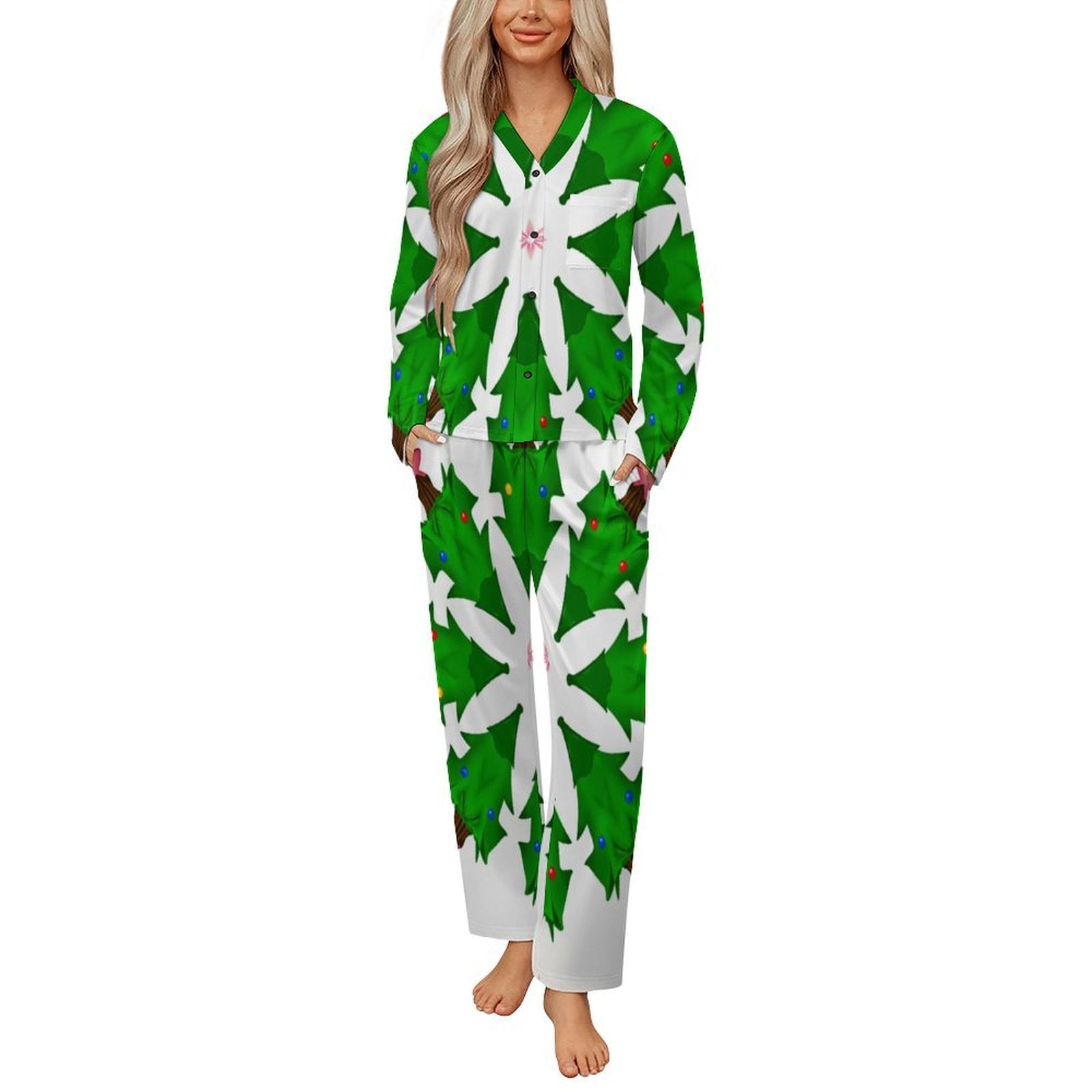 Christmas Trees Shaped Snowflake Design Womens Pyjamas Set Button Up ...