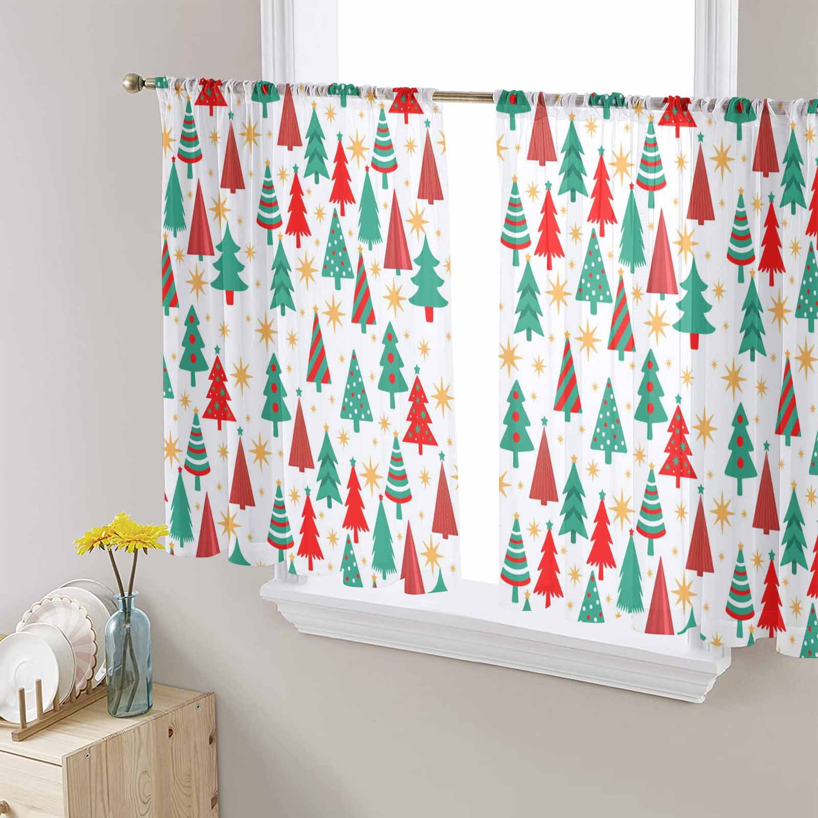 Christmas Trees Sheer Curtains 45 Inch Length 2 Panels Set, Semi ...