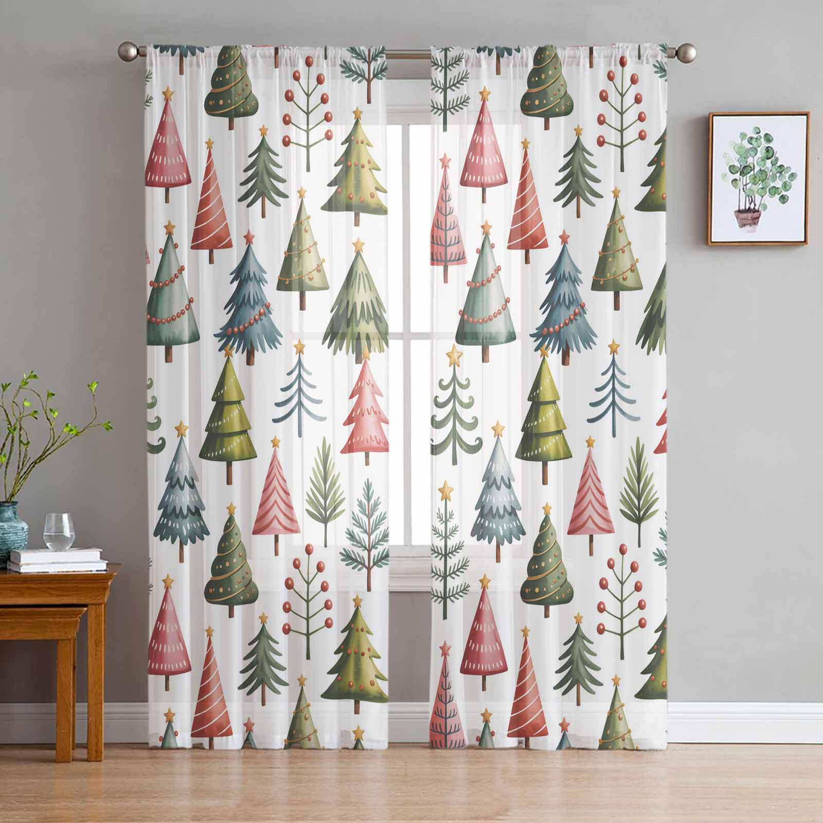 Christmas Trees Sheer Curtains 63 Inch Length 2 Panels Set, Semi ...