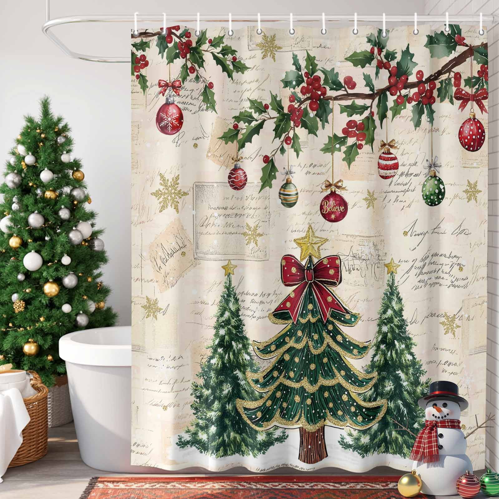 Christmas Trees Shower Curtain, 60" x 72", Xmas Trees Balls Berry ...