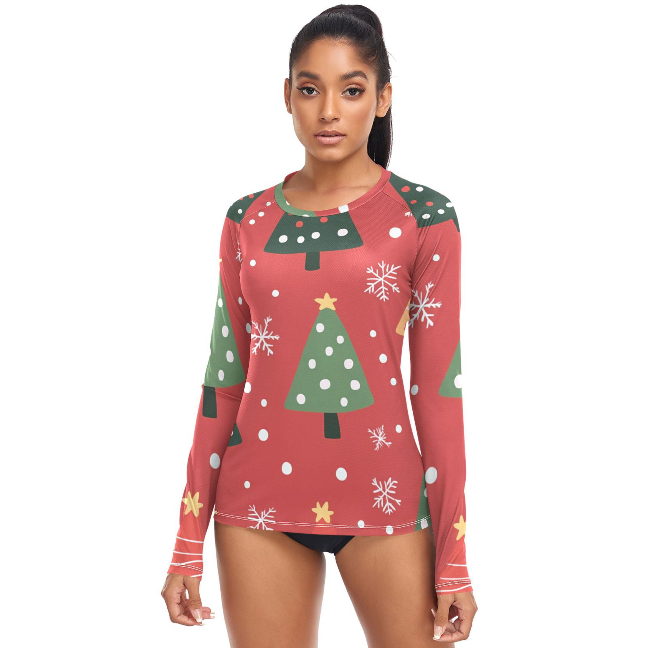 Christmas Trees Snowflakes Dots Women's Rash Guard Shirts UPF 50+ Sun ...