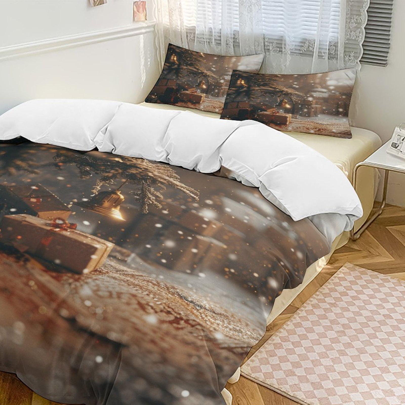 Christmas Trees, Snowmen 3 Pieces Duvet Cover with Zipper Closure,Premium Polyester Lightweight ...