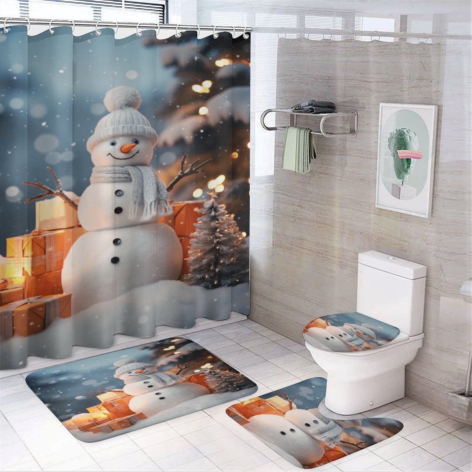 Christmas Trees, Snowmen 4 Pcs Shower Curtain Set with Rug Bathroom ...