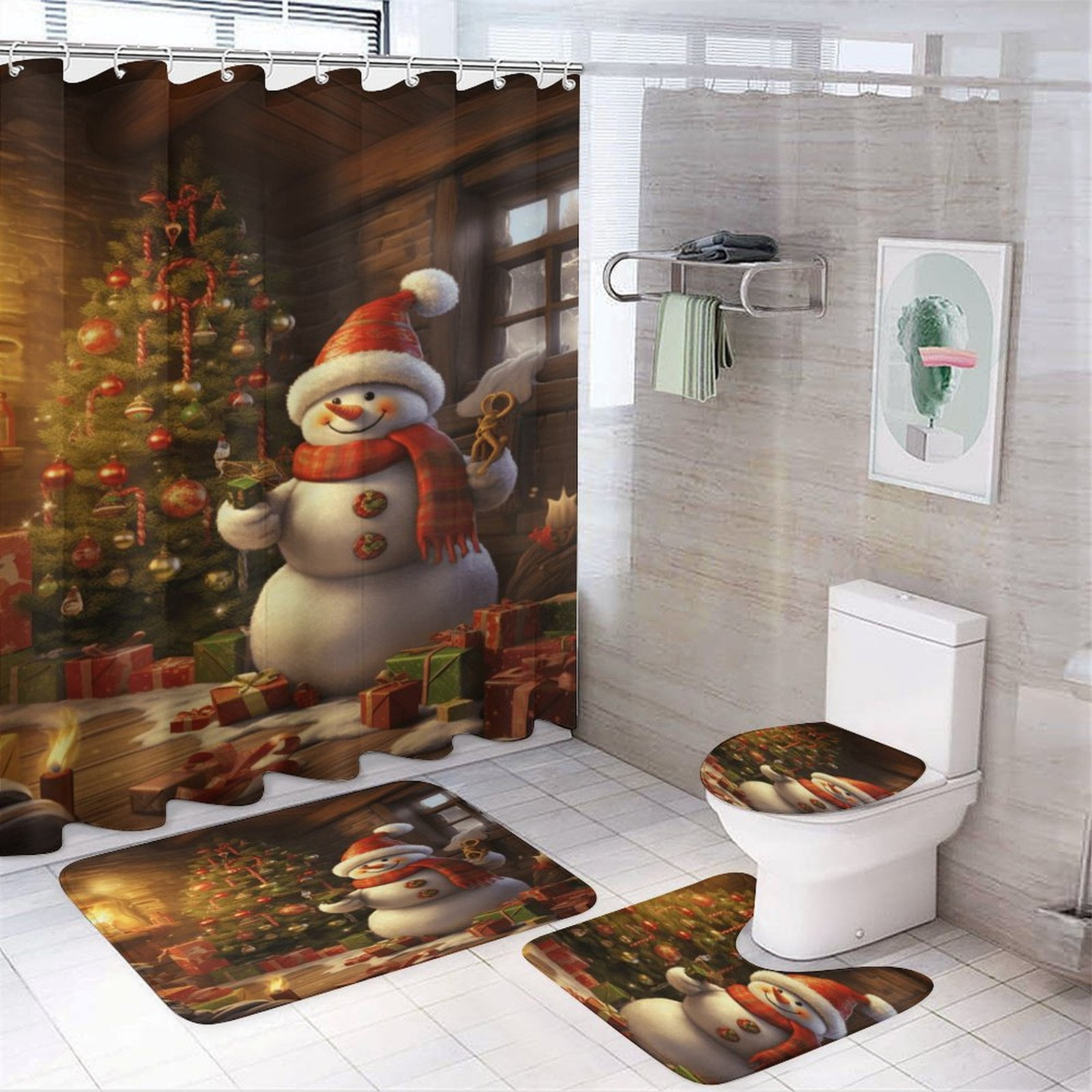 Christmas Trees, Snowmen 4 Piece Shower Curtain Sets, Non-Slip Rugs ...