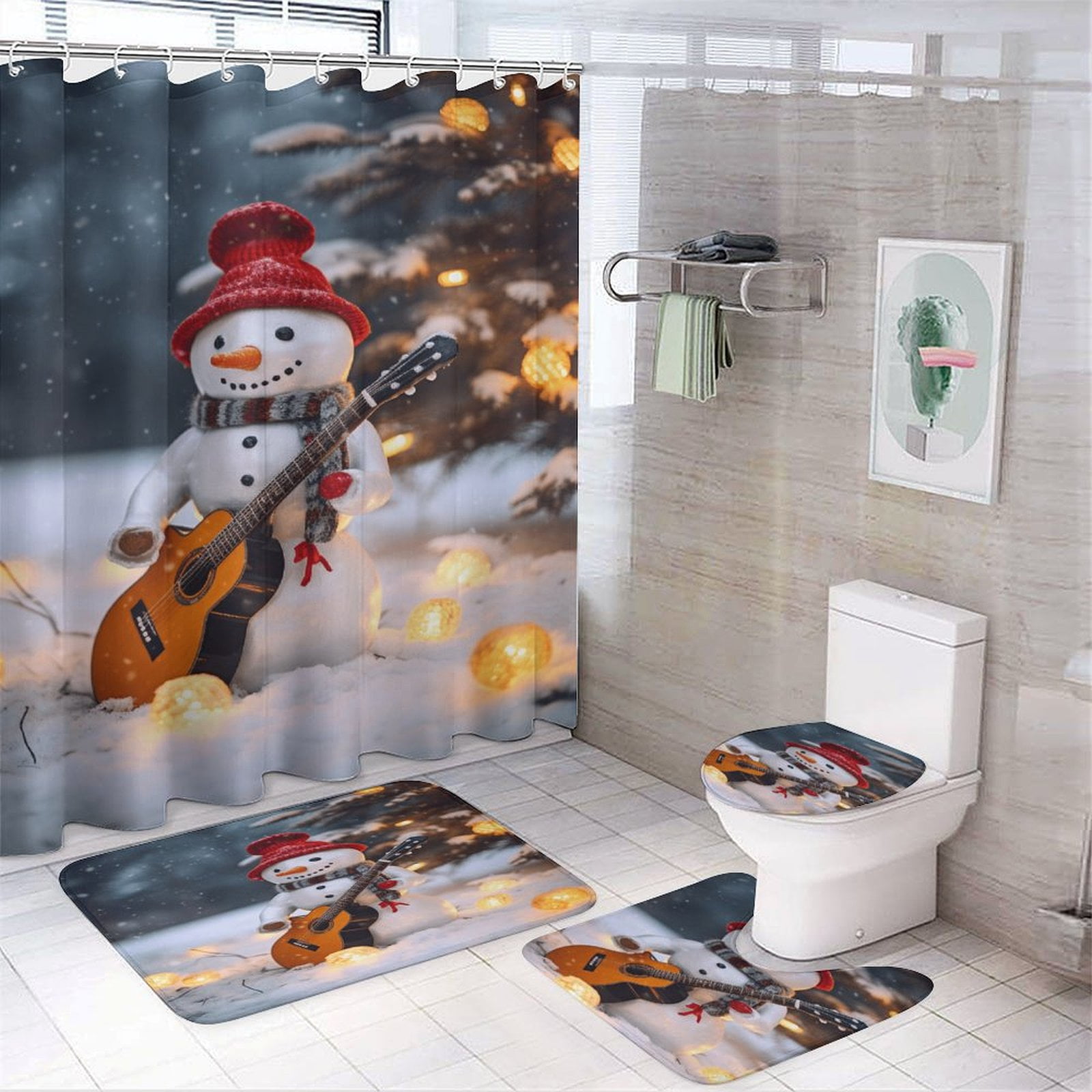 Christmas Trees, Snowmen 4 Piece Shower Curtain Sets, Non-Slip Rugs ...