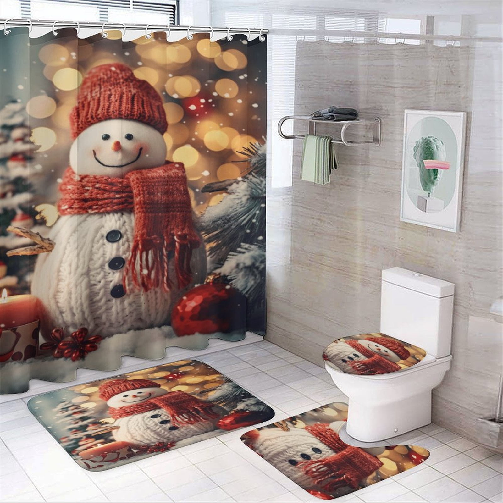 Christmas Trees, Snowmen 4PCS Shower Curtain Sets with Rugs with Non ...